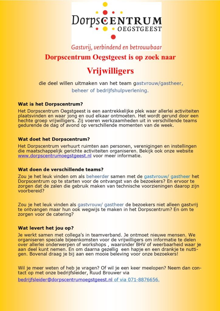 Dorpscentrum zoekt vrijwilligers - Dorpscentrum Oegstgeest